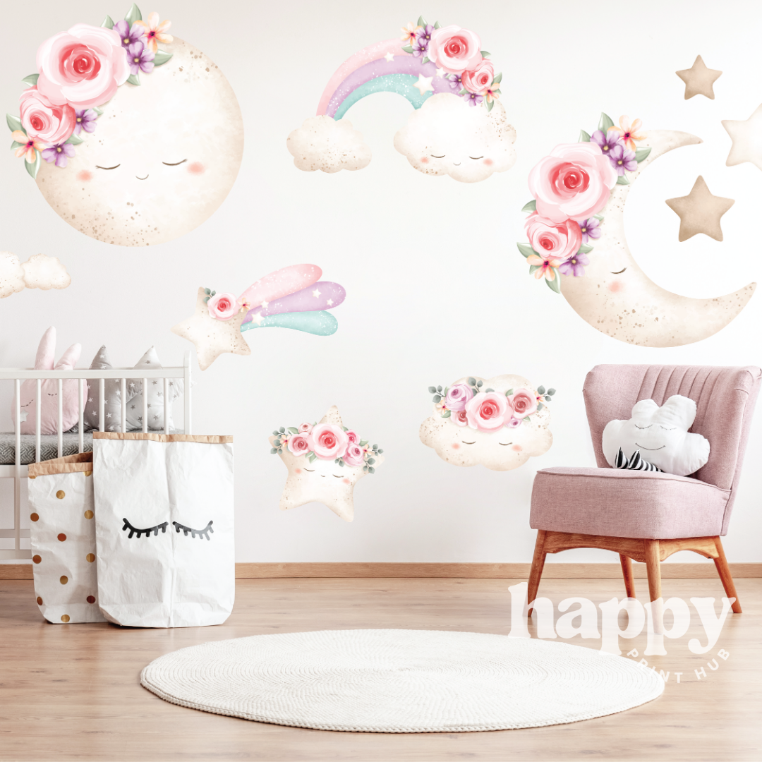 Sleepy Sky Wall Decals – Watercolour Moons & Stars – Happy Print Hub