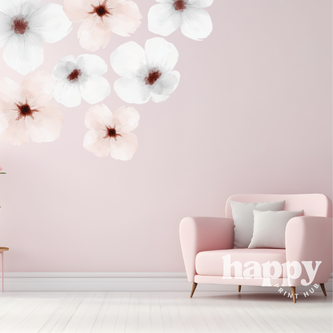 White & Pink Flower Wall Decals | Elegant Peel & Stick Decor – Happy ...