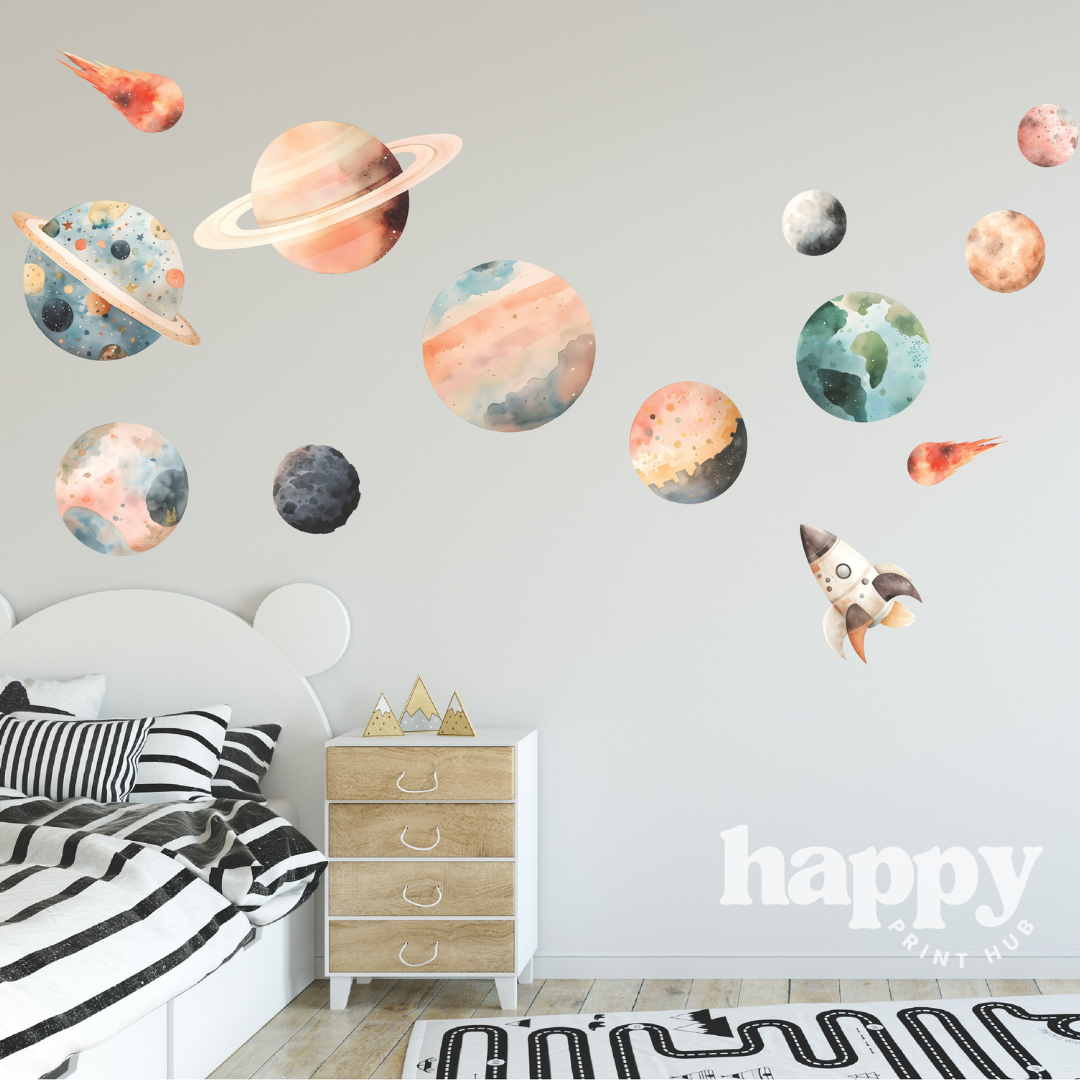 Fabric Removable Space Wall Decals | Planets, Rockets & Comets – Happy ...